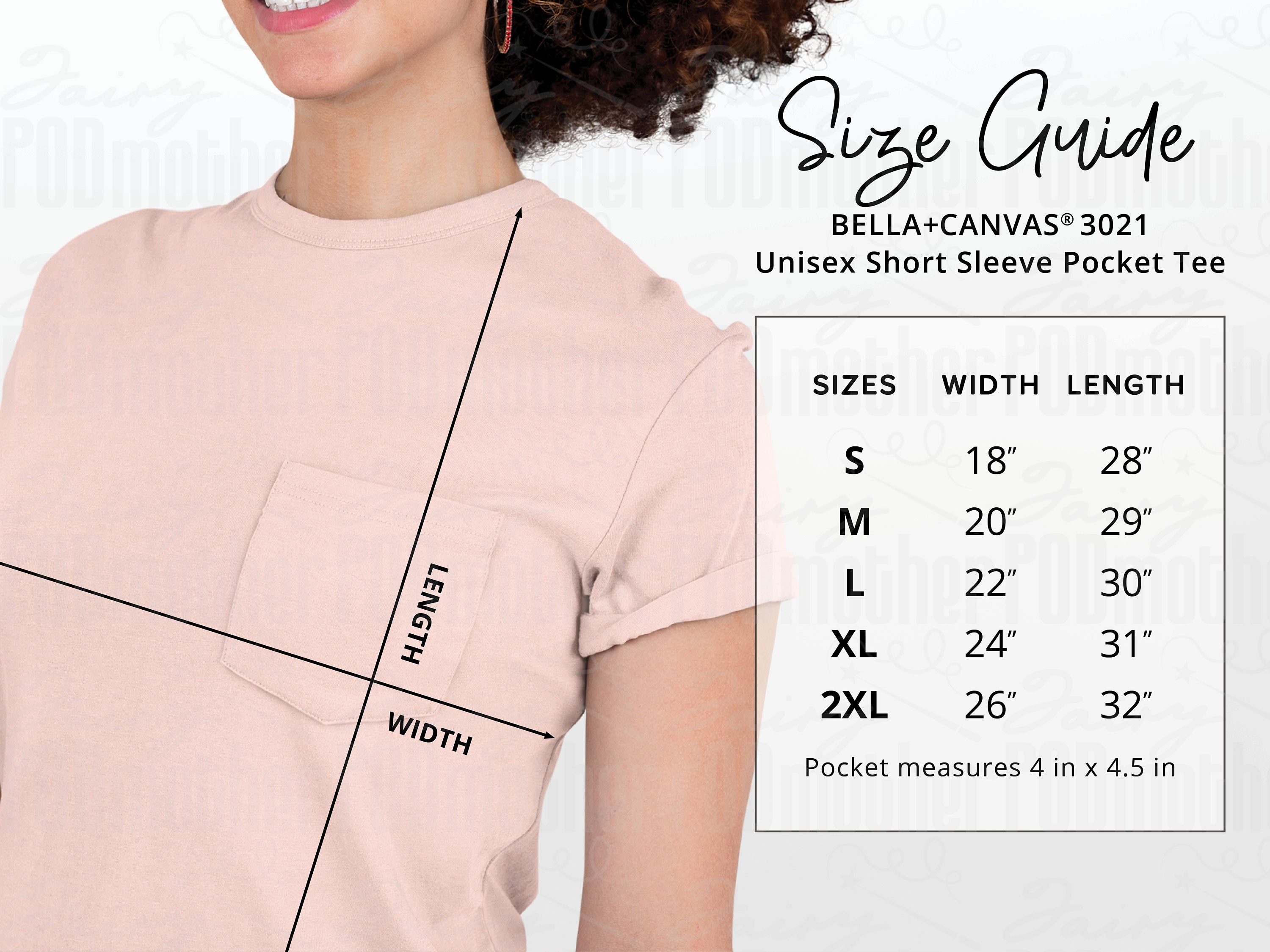 POCKET Shirt Size Chart, Bella Canvas 3021 Size Guide, Mockup for Pocket Tee, New Bella Canvas ...