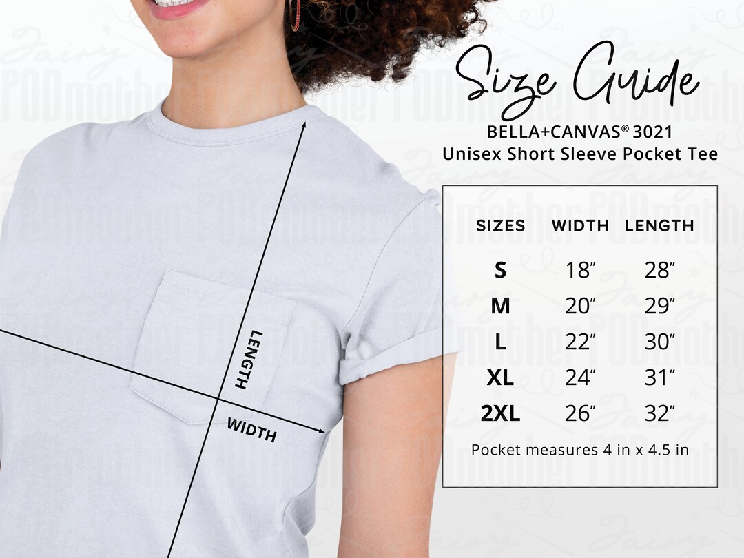 POCKET Shirt Size Chart, Bella Canvas 3021 Size Guide, Mockup for ...