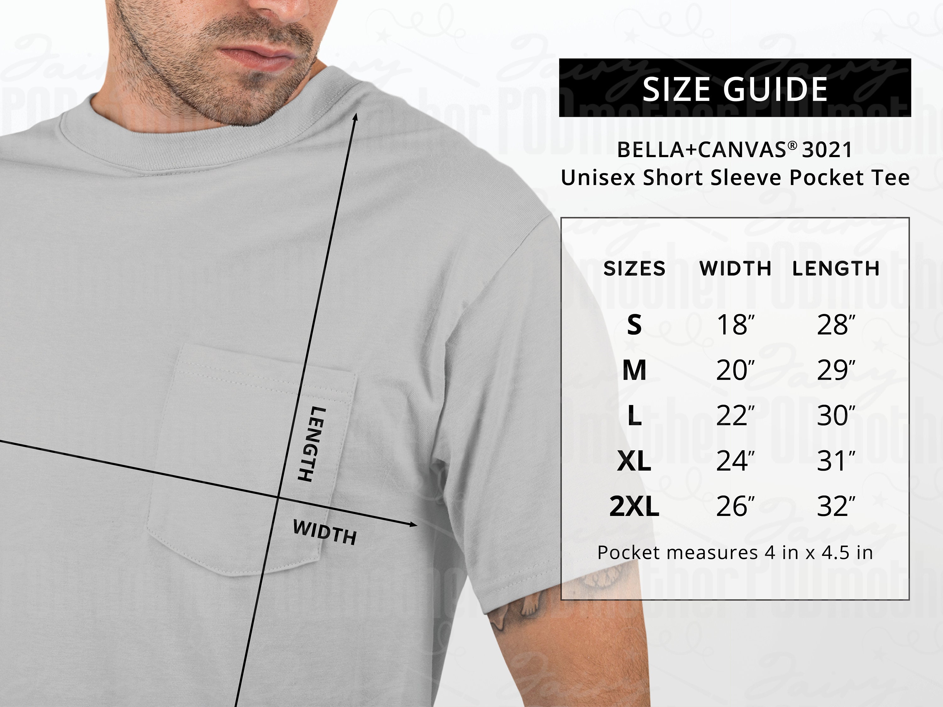 POCKET Shirt Size Chart, Bella Canvas 3021 Size Guide, Mockup for ...