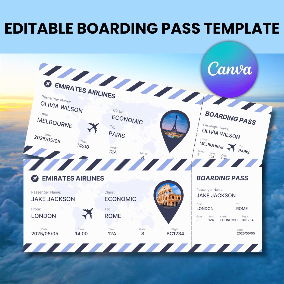 Editable Boarding Pass Template Printable Personalized Airline Ticket ...