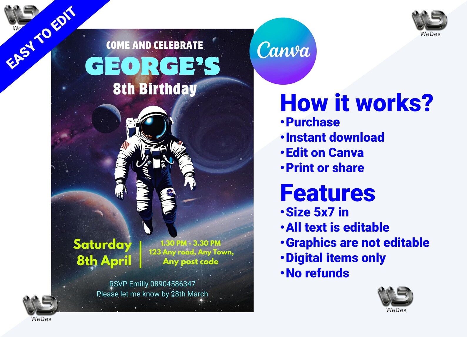 Outer Space Printable Birthday Invitation Editable Boy Invitation ...