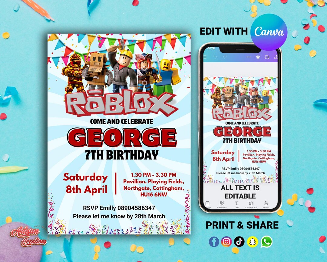 ROBLOX Printable Birthday Invitation | Editable Boy Invitation | Game ...