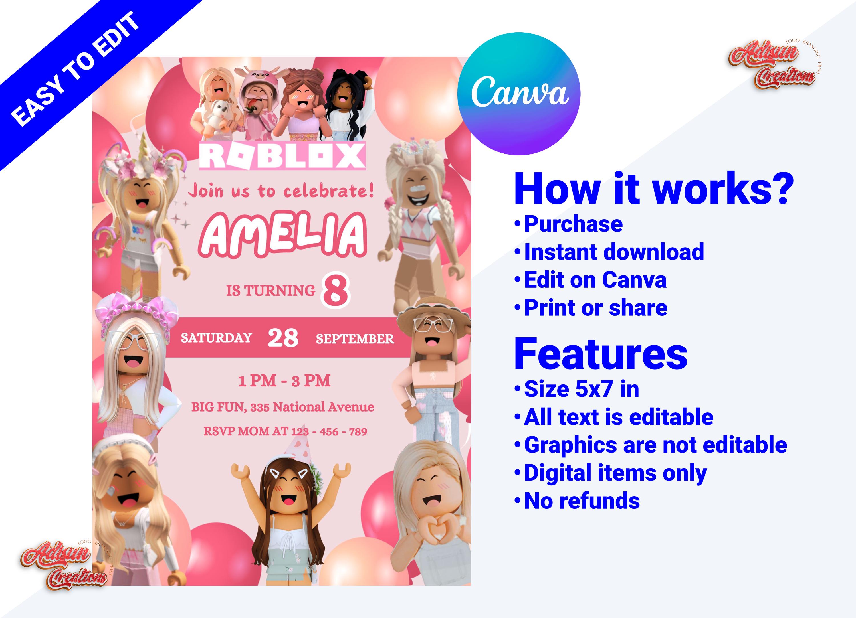 ROBLOX Printable Birthday Invitation Editable Girl Invitation Game ...