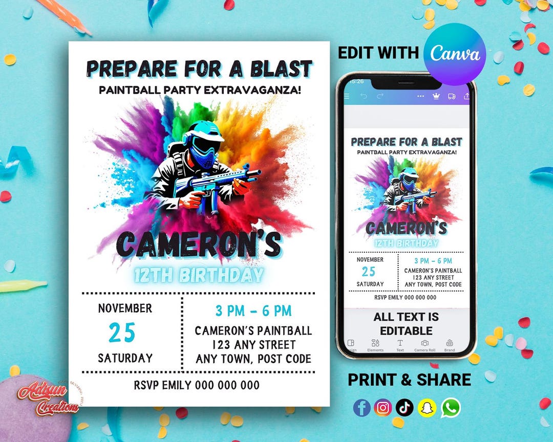 PAINTBALL Printable Birthday Invitation, Paint Ball Boy Theme Birthday ...