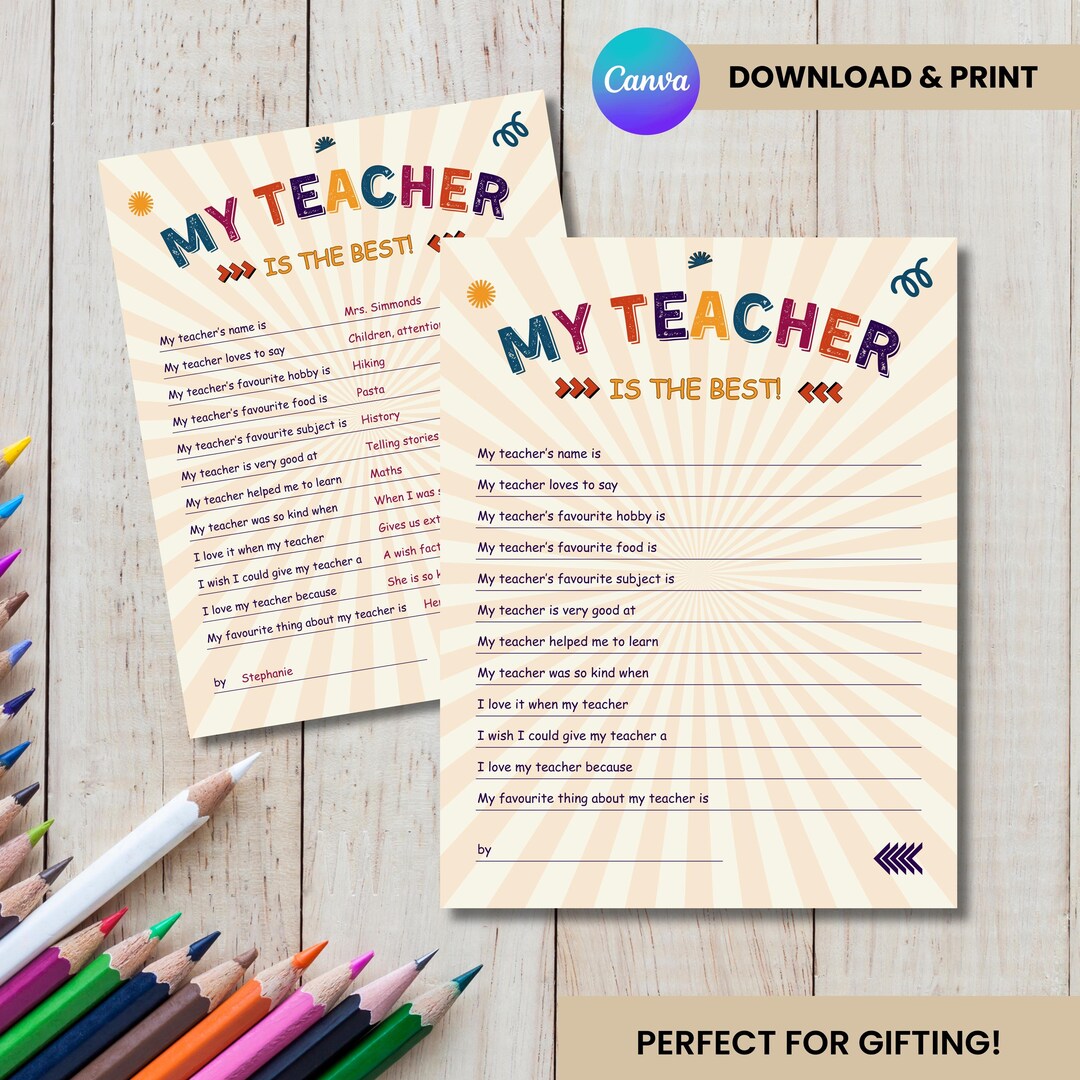 Retro Style Teacher Appreciation Gift Printable, Fillable Thank You PDF ...