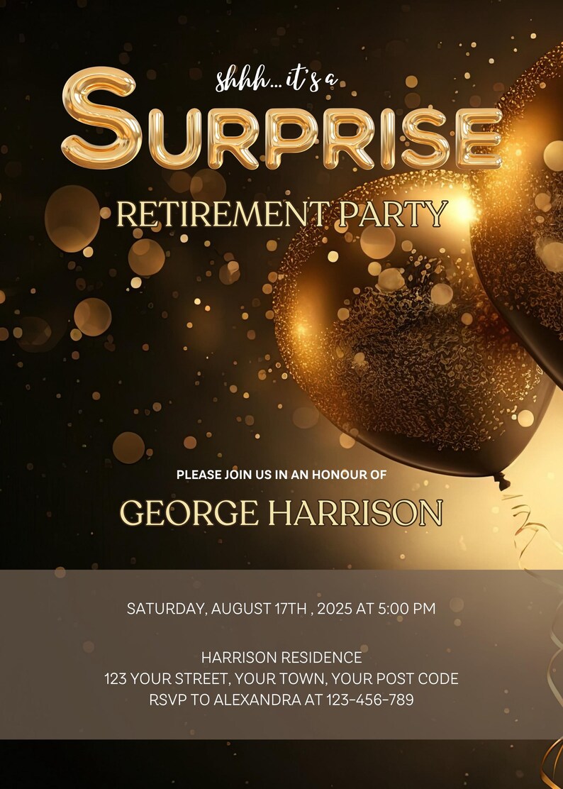 Editable Surprise Retirement Party Invitation Template | Modern Black ...
