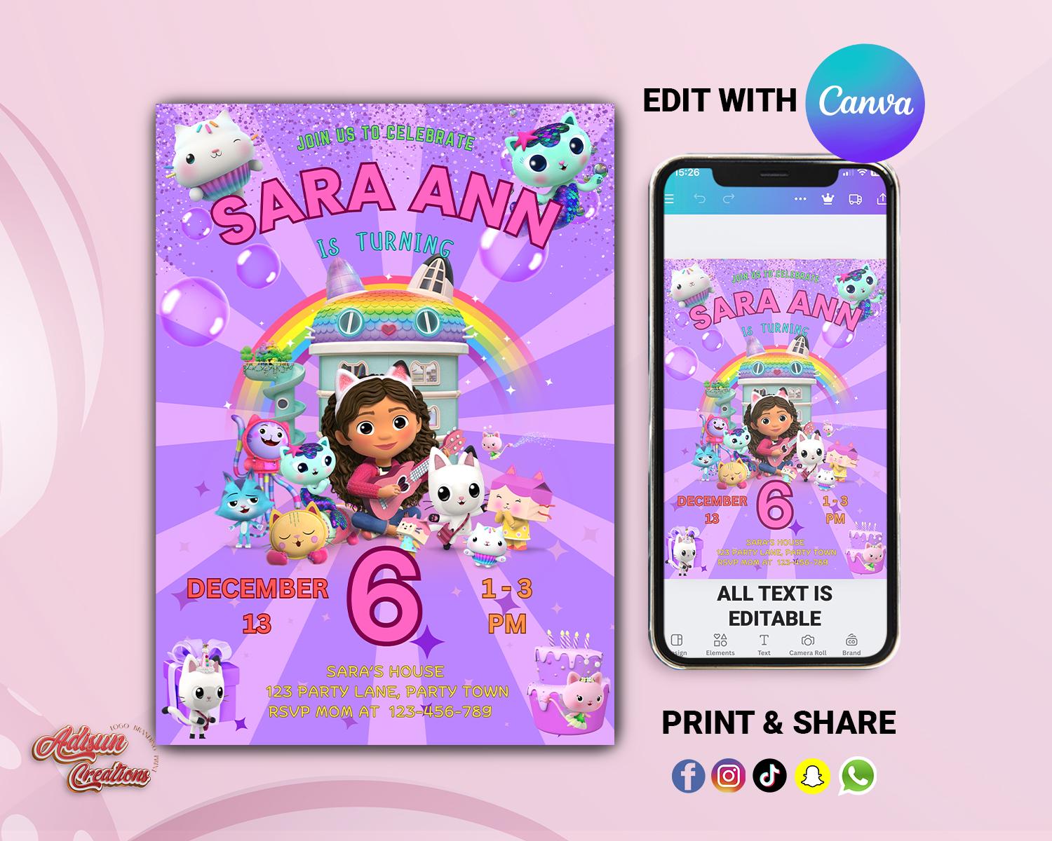 Gabbys Dollhouse Birthday Invitation | Editable Gabby's Kids Birthday ...