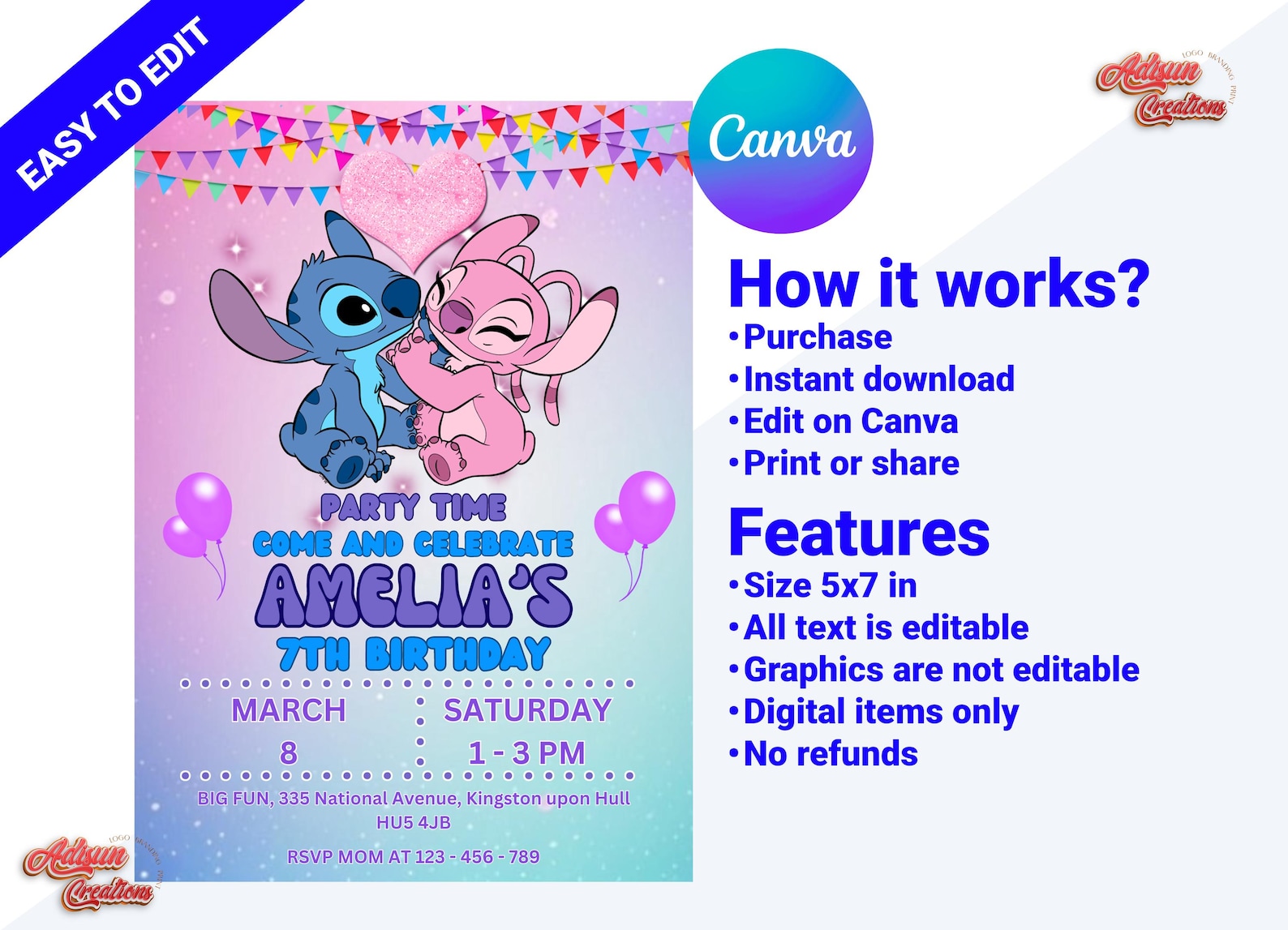 Stitch & Angel Printable Birthday Invitation Editable Girl Invitation ...