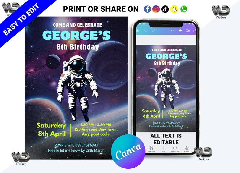 Outer Space Printable Birthday Invitation Editable Boy Invitation ...