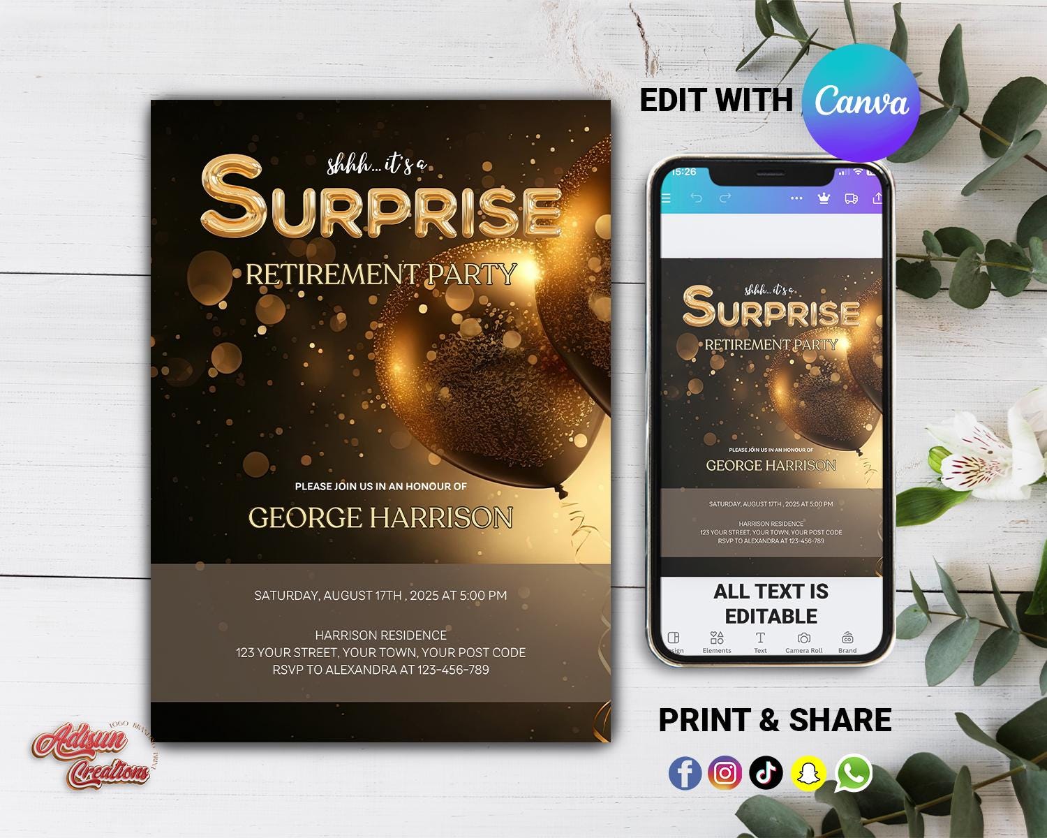 Editable Surprise Retirement Party Invitation Template | Modern Black ...
