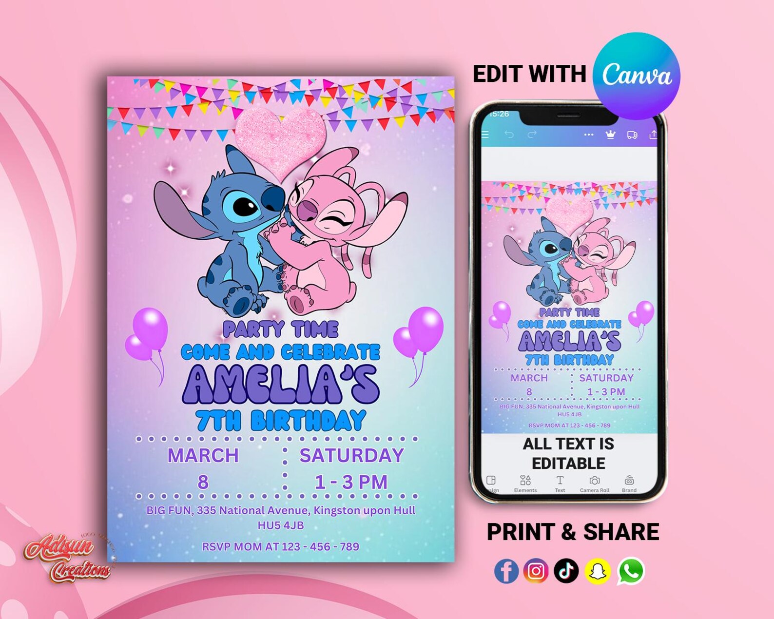 Stitch & Angel Printable Birthday Invitation Editable Girl Invitation ...