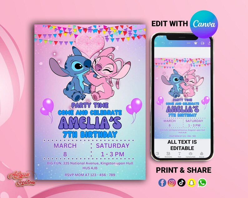Stitch & Angel Printable Birthday Invitation Editable Girl Invitation ...