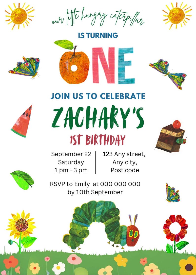 Very Hungry Caterpillar Printable First Birthday Party Invitation ...