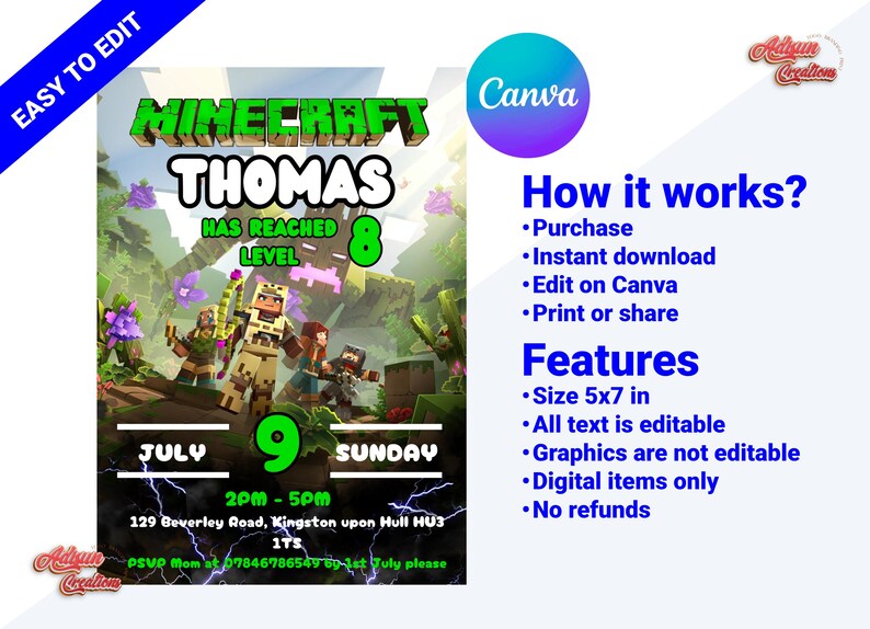 MINECRAFT Printable Birthday Invitation Editable Boy Invitation Game ...