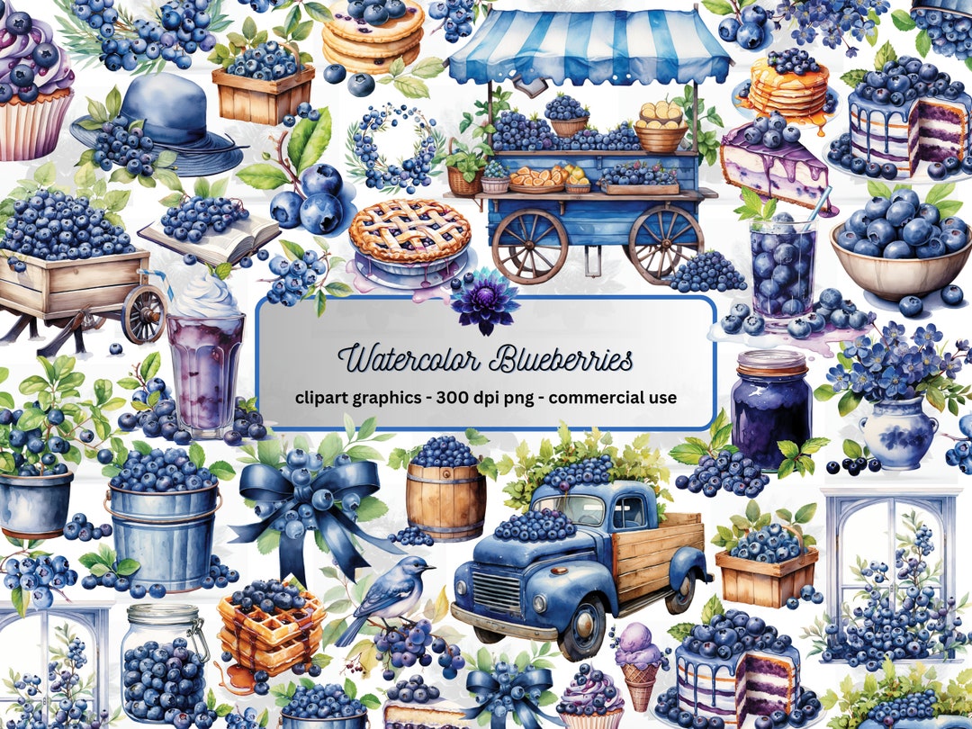Watercolor Blueberries Clipart - Blueberry Themed Illustrations, for ...