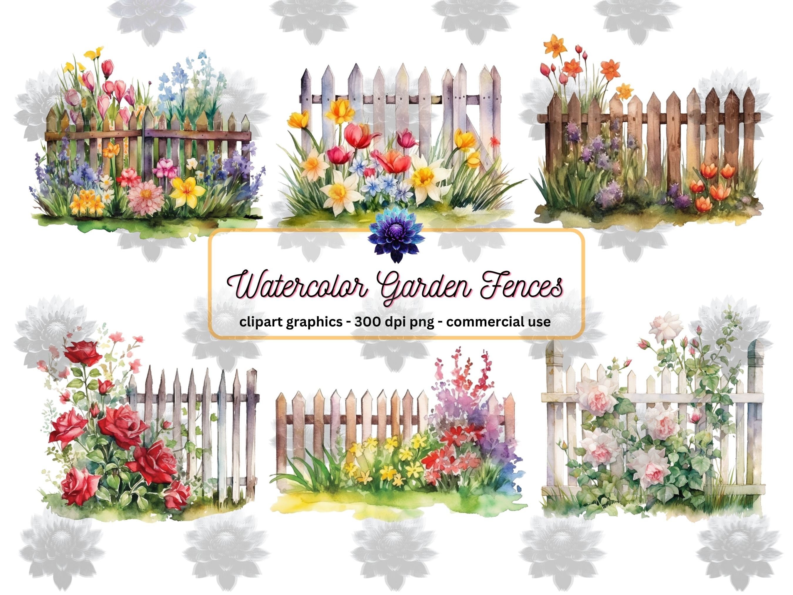 Watercolor Garden Fences Clipart - Floral Spring Designs PNG Format ...