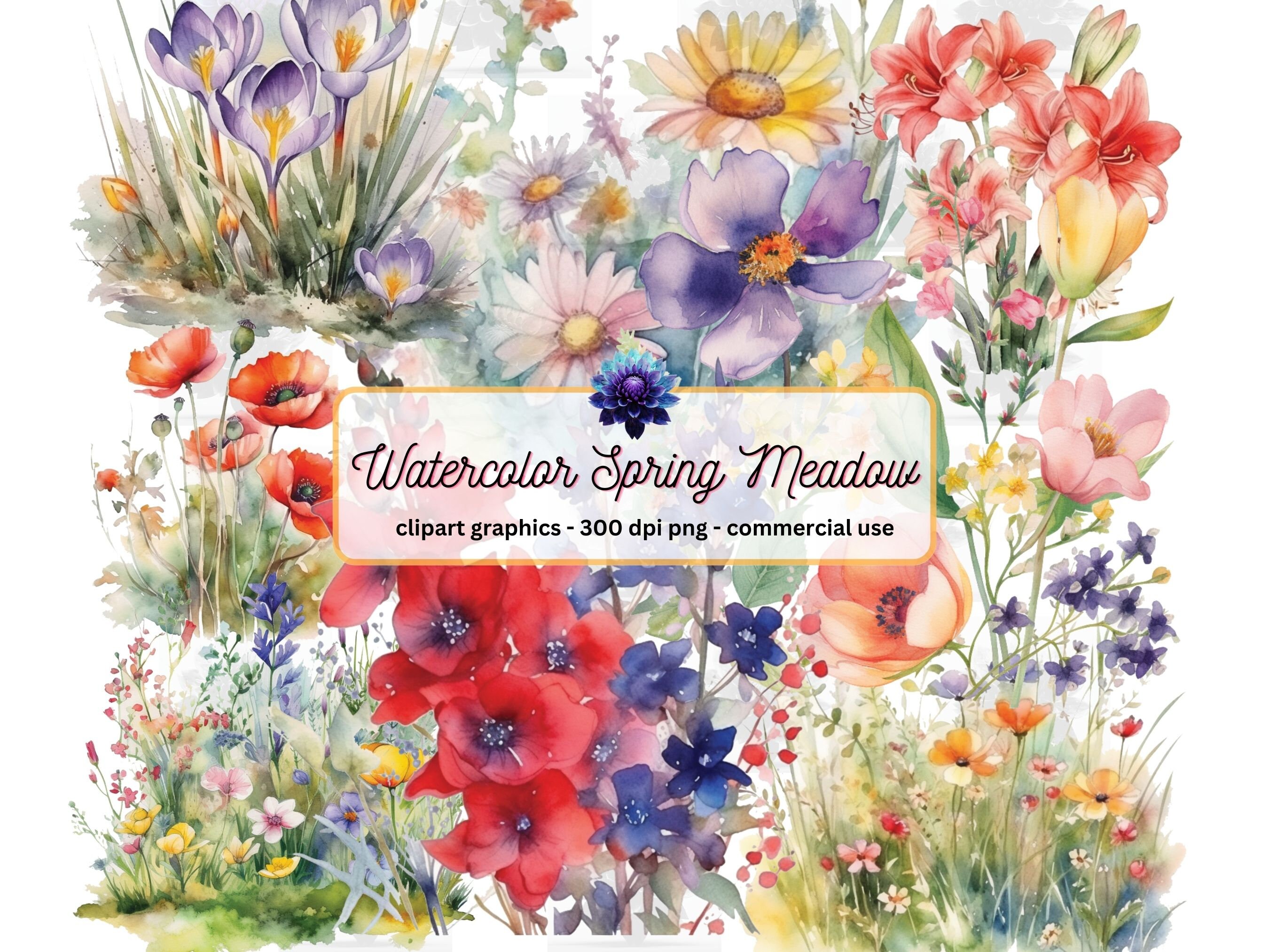 Watercolor Meadow Flowers Clipart - Spring Wildflower Floral PNG Format ...