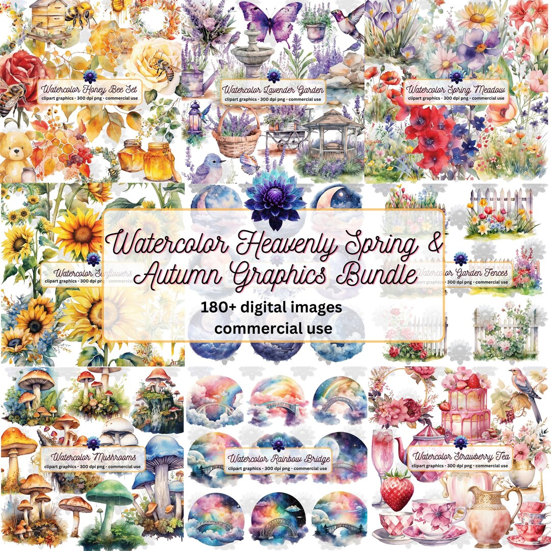Watercolor Heavenly Spring & Autumn Graphics Bundle, Clip Art With ...