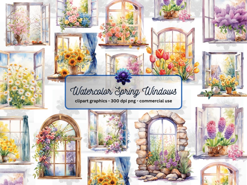 Watercolor Spring Windows Clipart - Floral Windows, PNG Format Instant ...