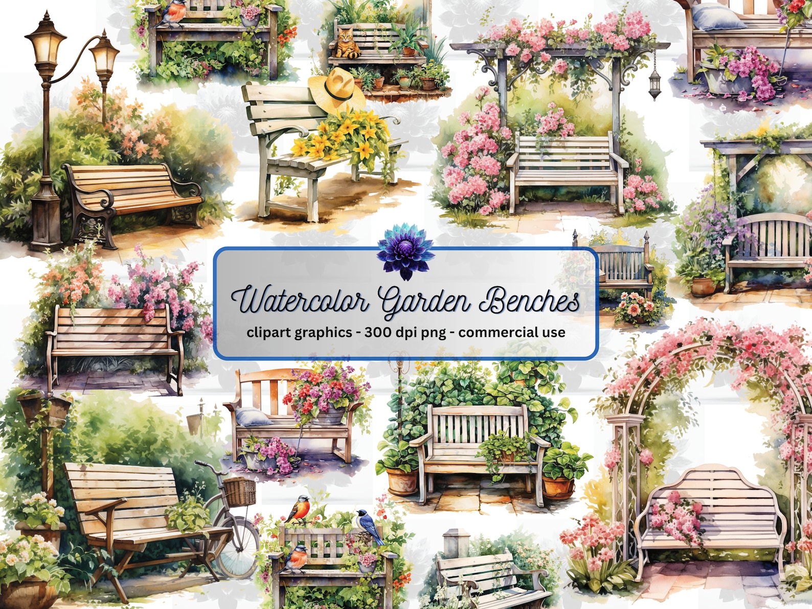 Watercolor Garden Benches Clipart - Park Bench, PNG Format Instant ...