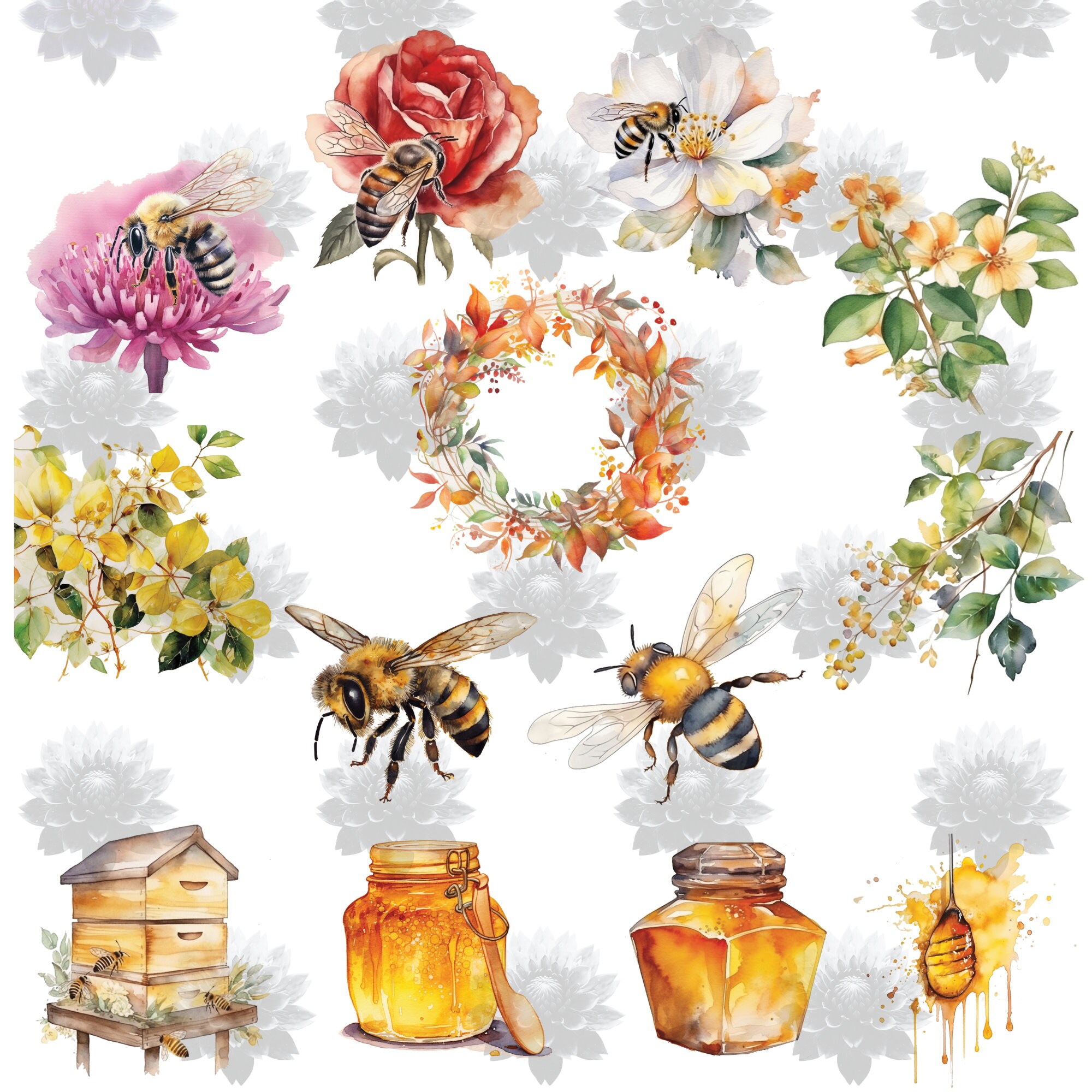 Watercolor Honey Bee Clipart, Spring & Autumn Garden Bee Clip Art PNG ...