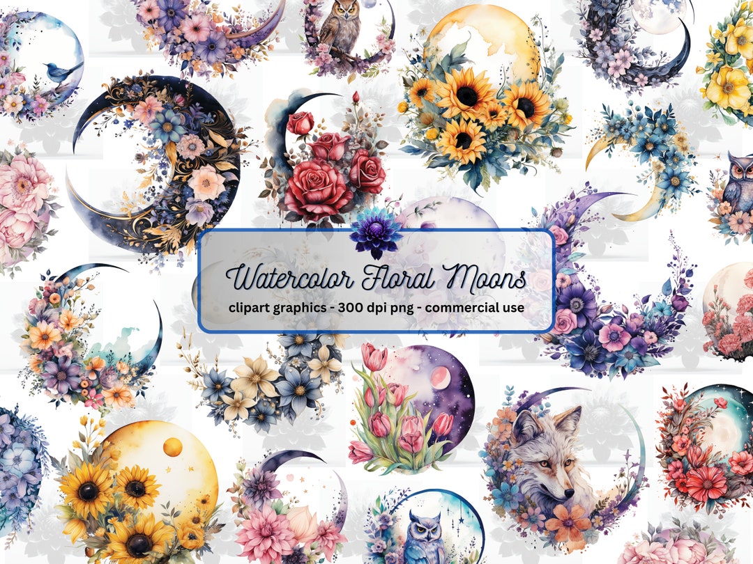 Watercolor Floral Moons Clipart - Moons With Flowers and Owls, PNG ...