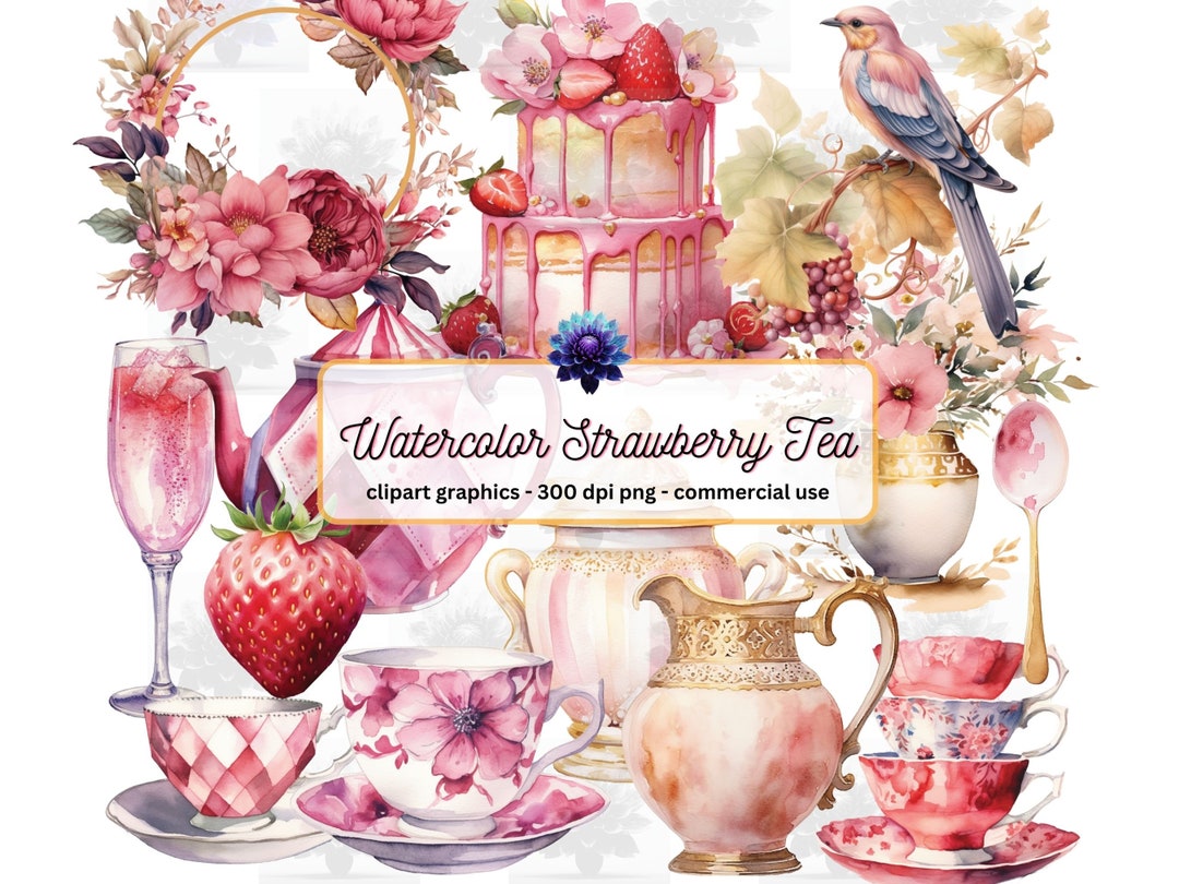 Watercolor Strawberry Tea Clipart - Blush and Gold Tea Cup PNG Graphics ...