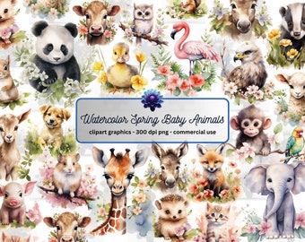 Watercolor Spring Cute Baby Animals Clipart Bundle Gift Cute Little ...