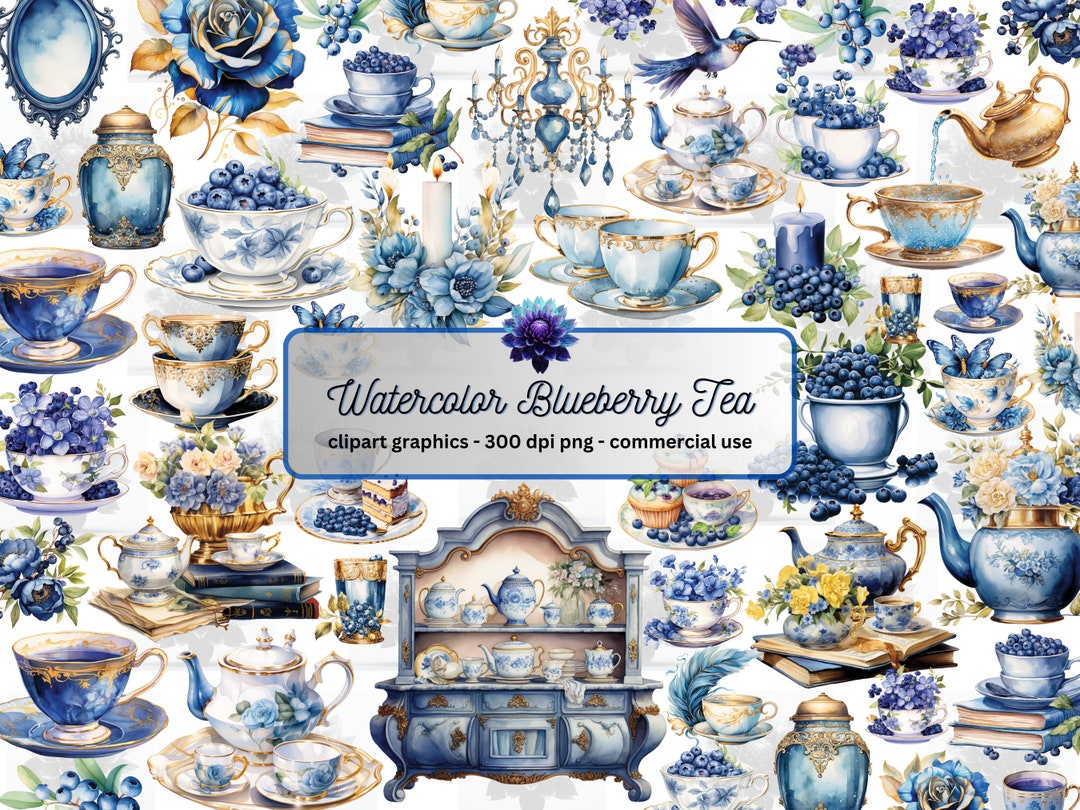 Watercolor Blueberry Tea Clipart, Blue and Gold Themed PNG Graphics ...