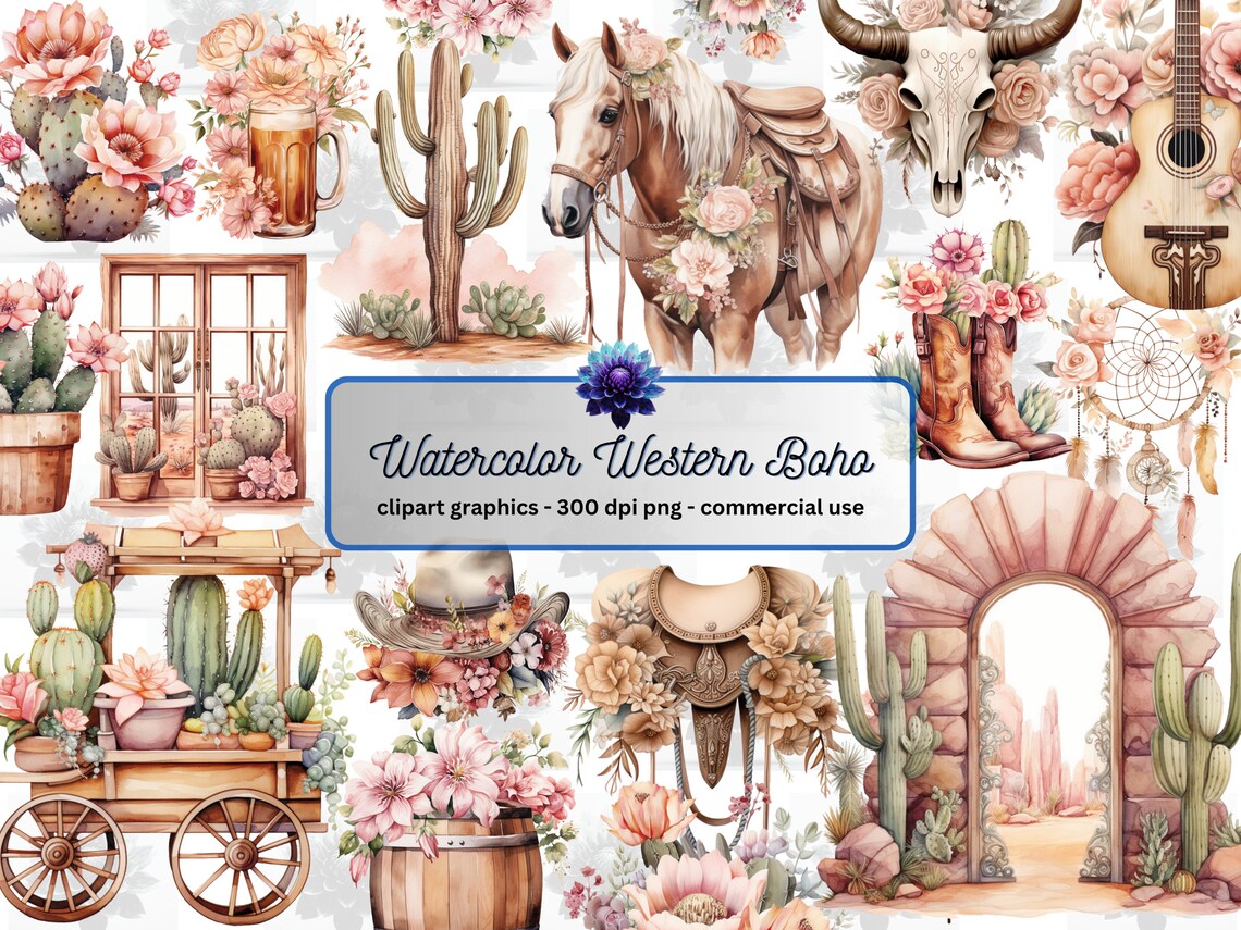 Watercolor Western Boho Clipart Cowgirl Floral PNG Format - Etsy
