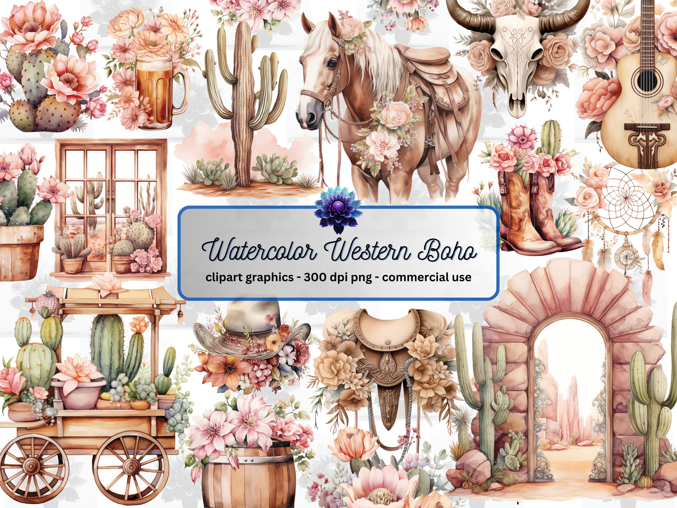 Watercolor Western Boho Clipart - Cowgirl Floral, PNG Format Instant ...