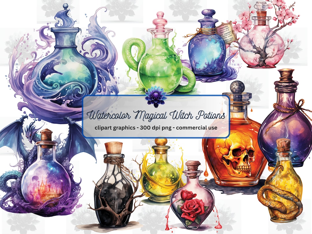 Watercolor Magical Witch Potions - Fantasy Bottle Illustrations, PNG ...