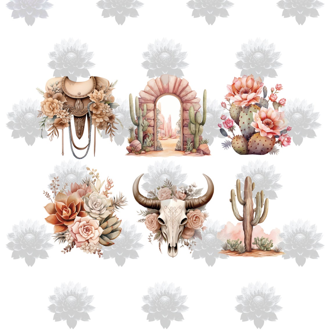 Watercolor Western Boho Clipart - Cowgirl Floral, PNG Format Instant ...