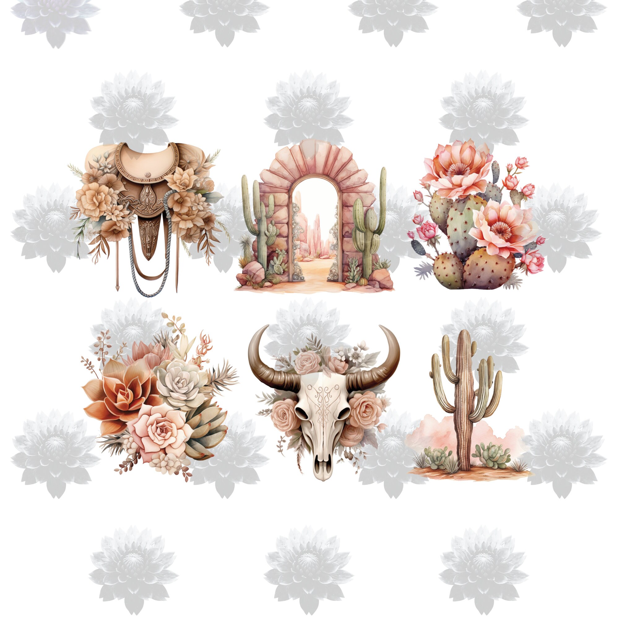Watercolor Western Boho Clipart - Cowgirl Floral, PNG Format Instant ...
