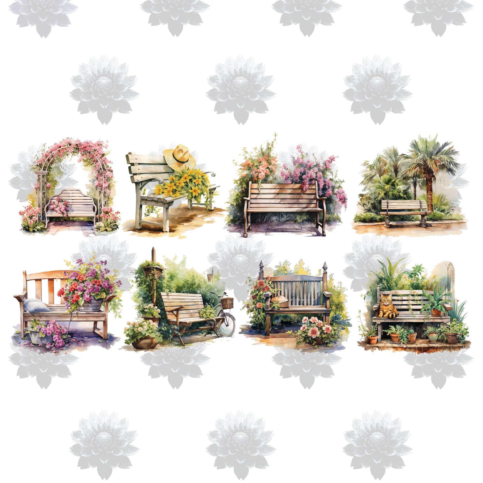 Watercolor Garden Benches Clipart - Park Bench, PNG Format Instant ...