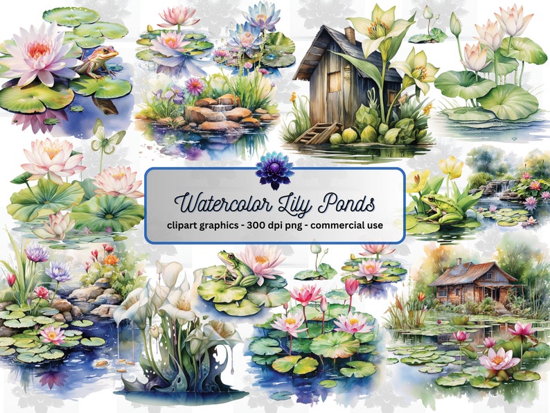 Watercolor Lily Pond Clipart - Springtime Lily Pad Illustrations, PNG ...