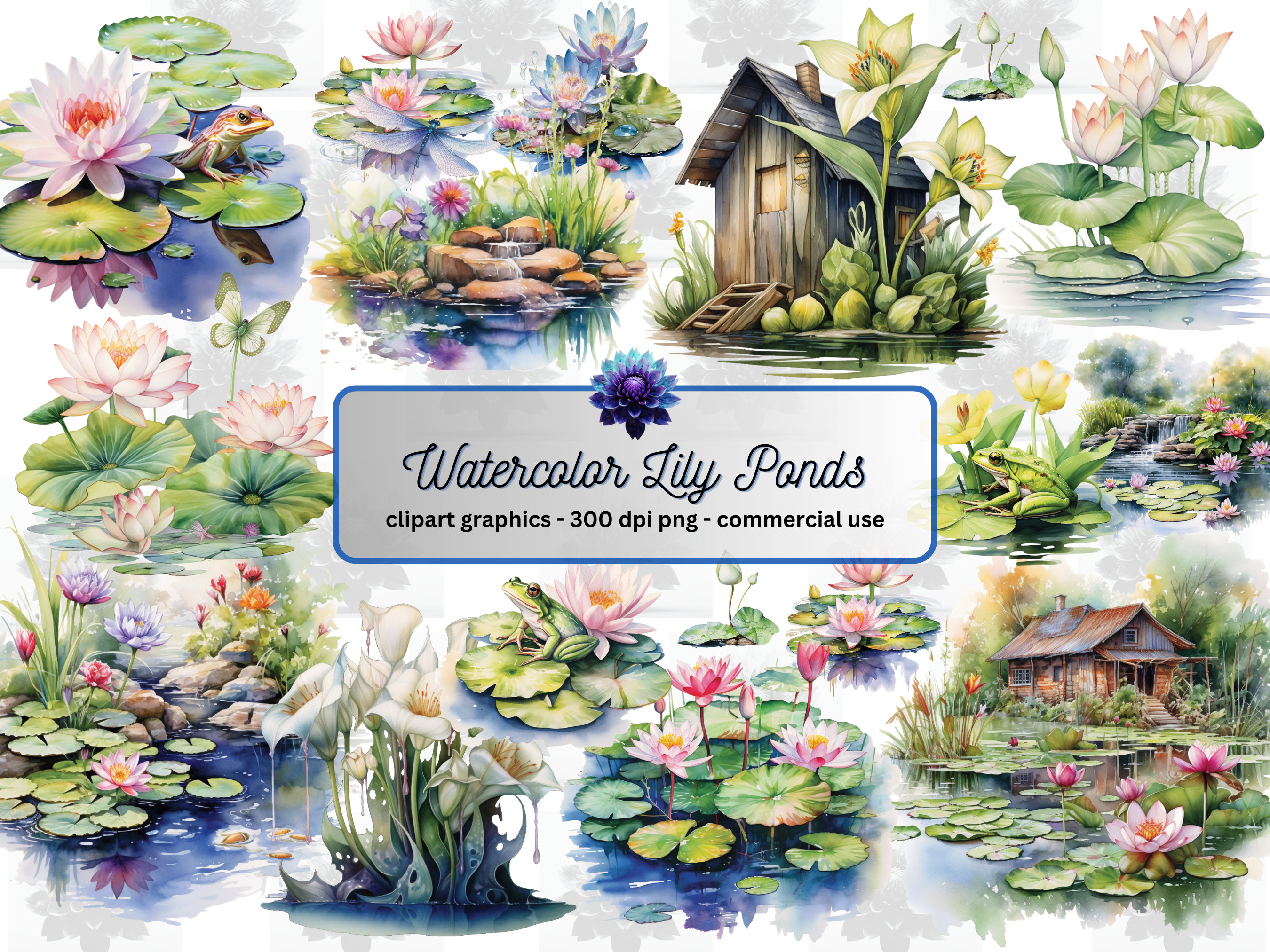 Watercolor Lily Pond Clipart - Springtime Lily Pad Illustrations, PNG ...