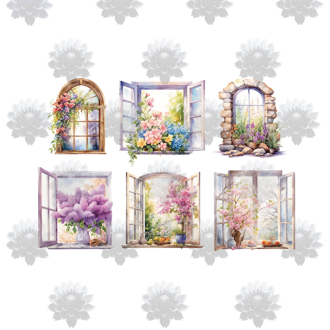 Watercolor Spring Windows Clipart - Floral Windows, PNG Format Instant ...