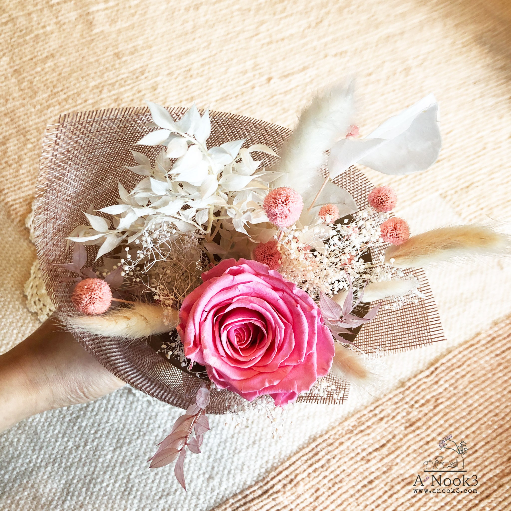 Pink Preserved Rose Petite Boho Bouquet Pink & Cream Dried Flower ...