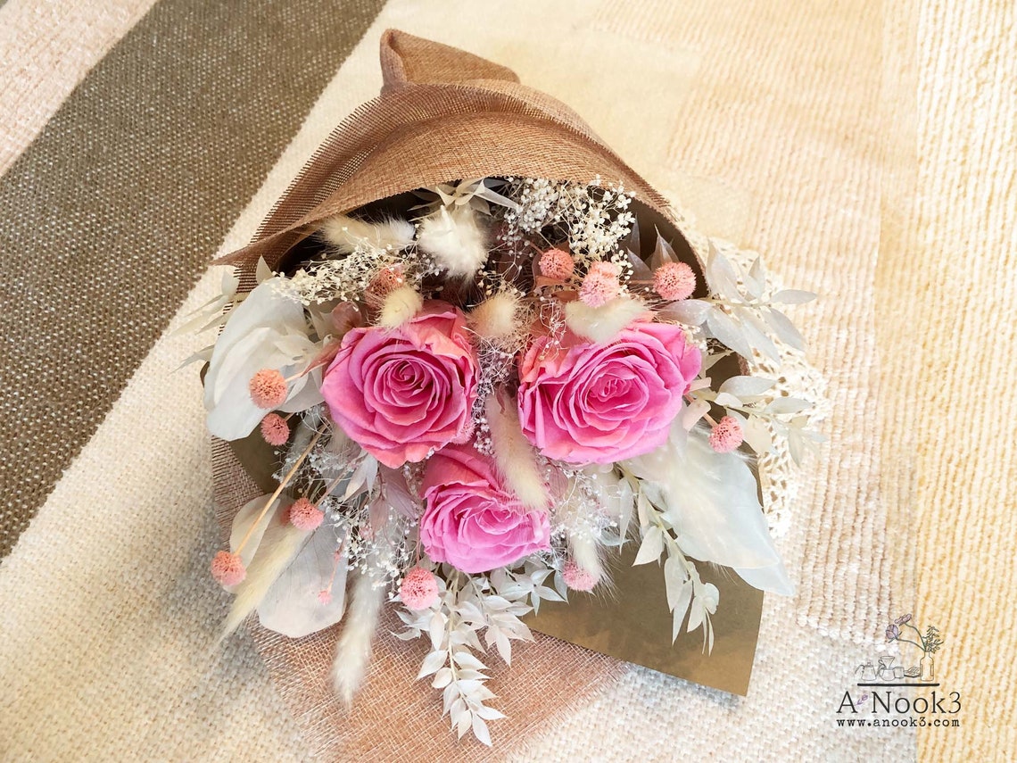 Pink Preserved Rose Petite Boho Bouquet Pink & Cream Dried Flower ...