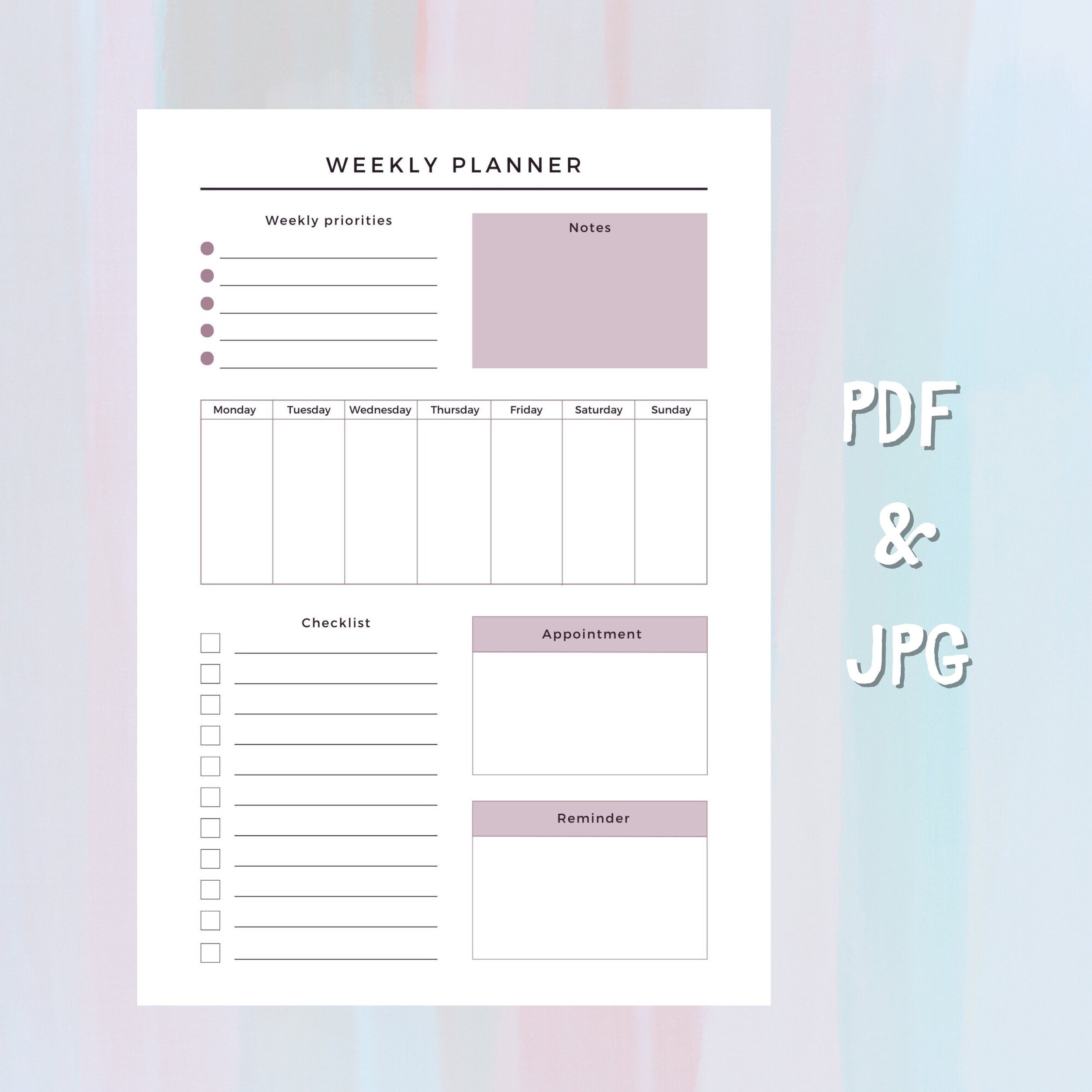 Weekly Planner Printable, Weekly Planner, Digital , Printable Planner ...