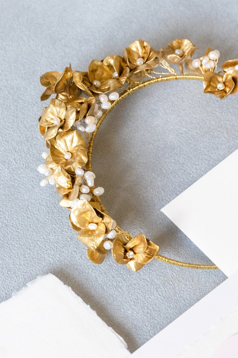 Fiore Golden Athena Crown, Porcelain Flower Crown, Handcrafted Bridal ...