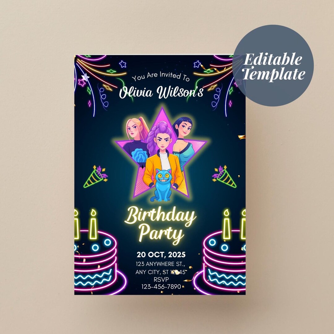 Huntrix Themed Birthday Invitation Editable Template Neon K-pop ...