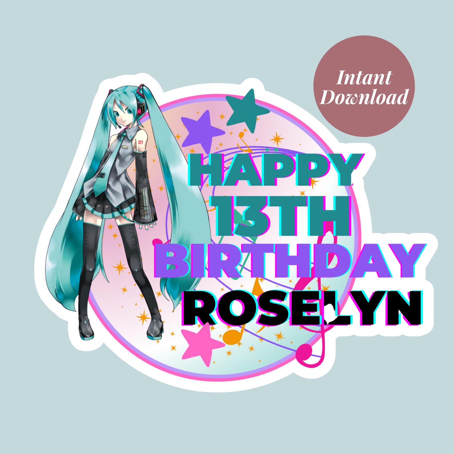 Hatsune Miku Editable Birthday Cake Topper Instant Download Custom Cake ...