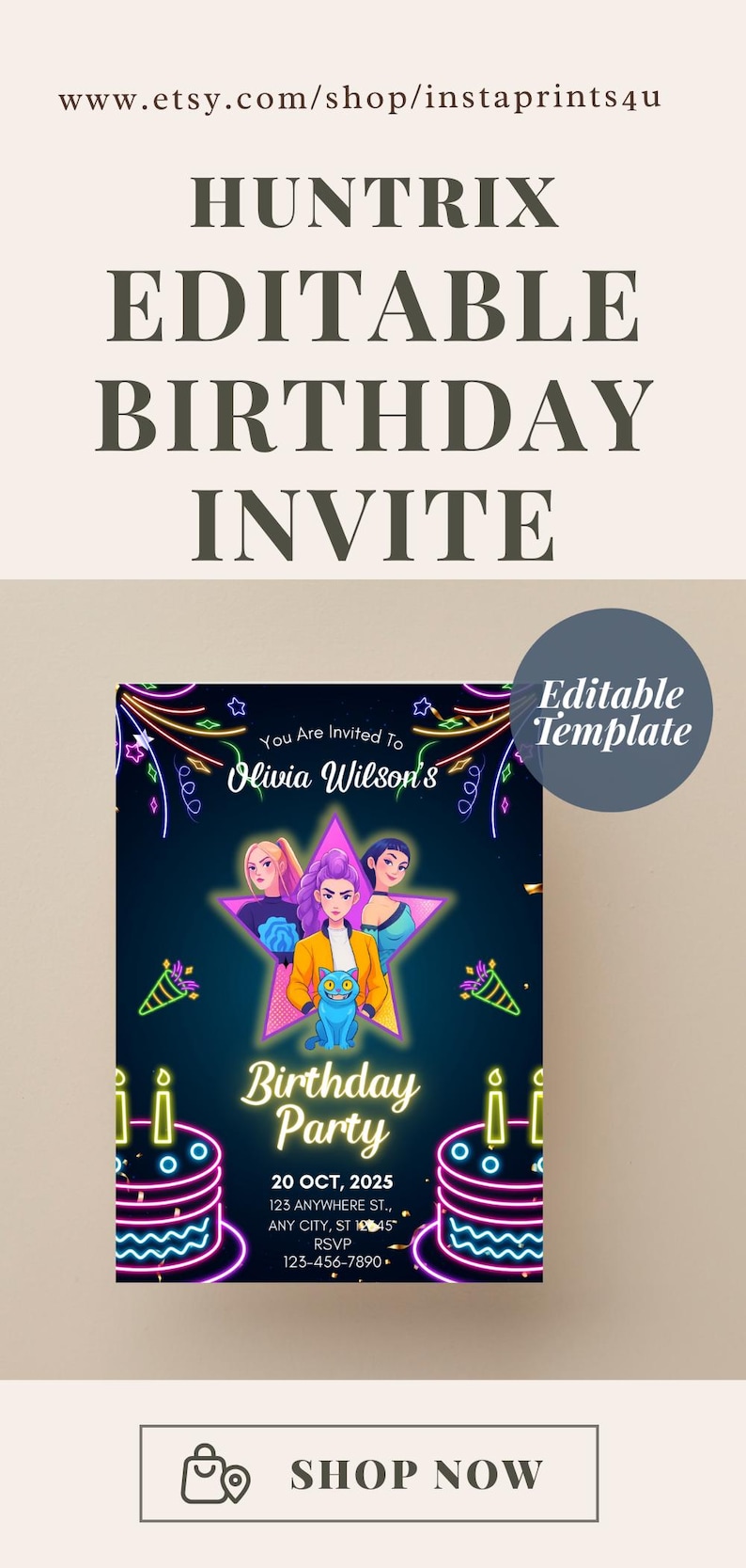 Huntrix Themed Birthday Invitation Editable Template Neon K-pop ...