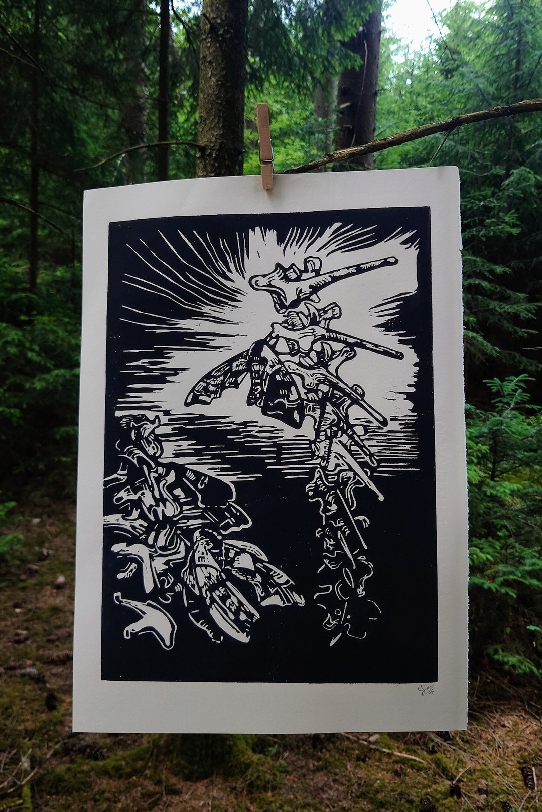 Morbid Moth on Vortex Bones Moth on Skeleton Large Linocut / Linoprint ...