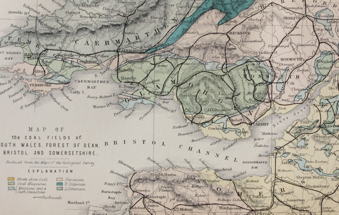 1891, UK, Coal Fields Map, South Wales, Forest of Dean, Bristol and ...