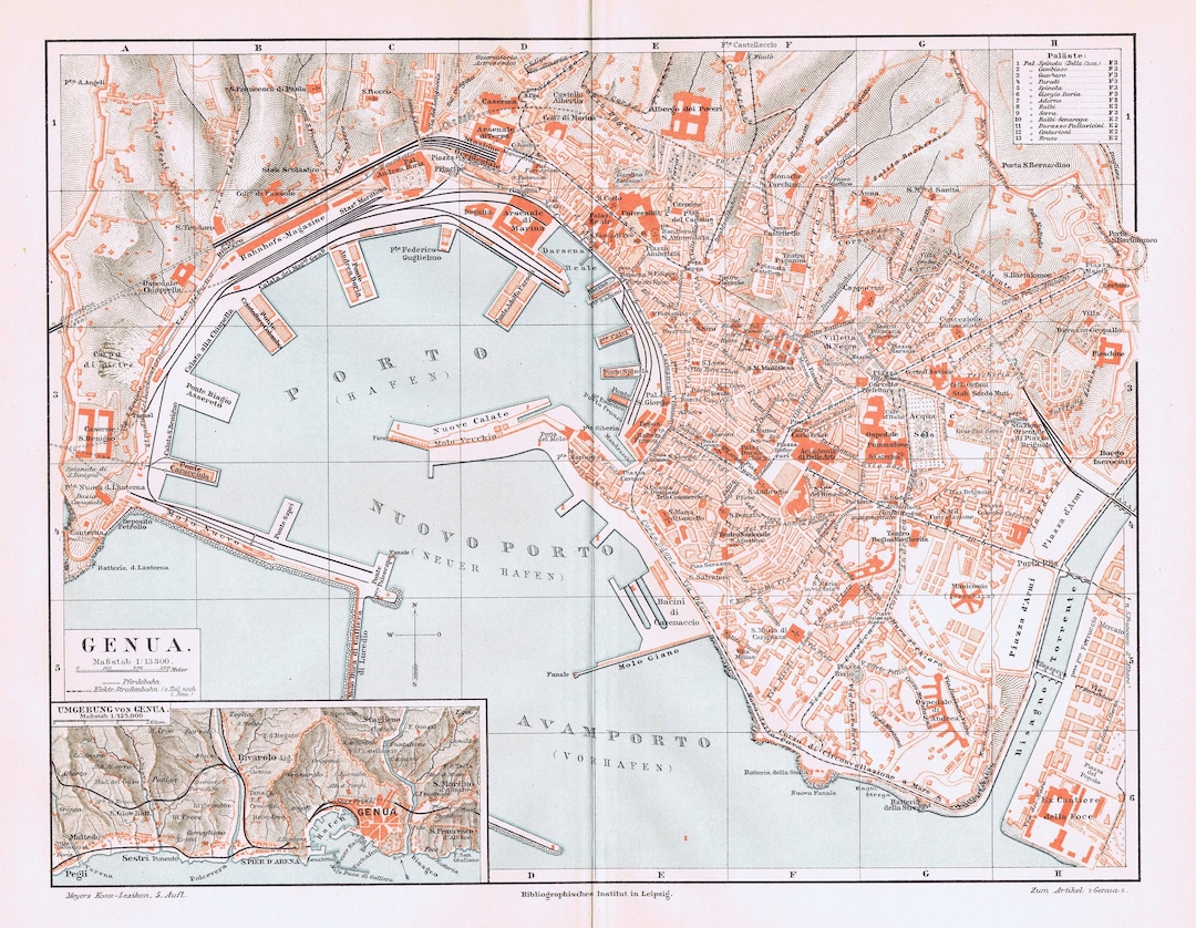 1895 Genua Italy Original Antique City Map Meyers - Etsy