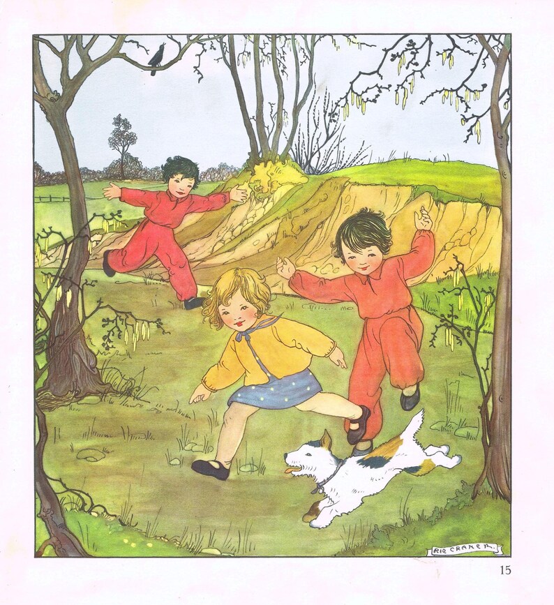 1930's, Children Playing Outside, Cute Illustration From a Children's ...