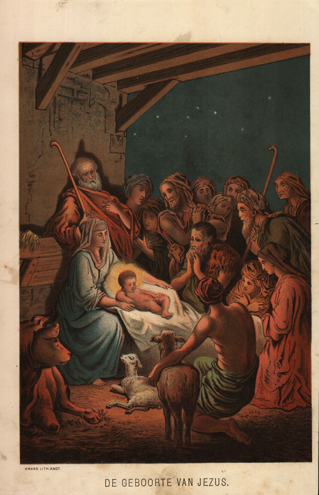 1885, Birth of Jesus Christ, Bethlehem, Antique Colored Lithograph ...